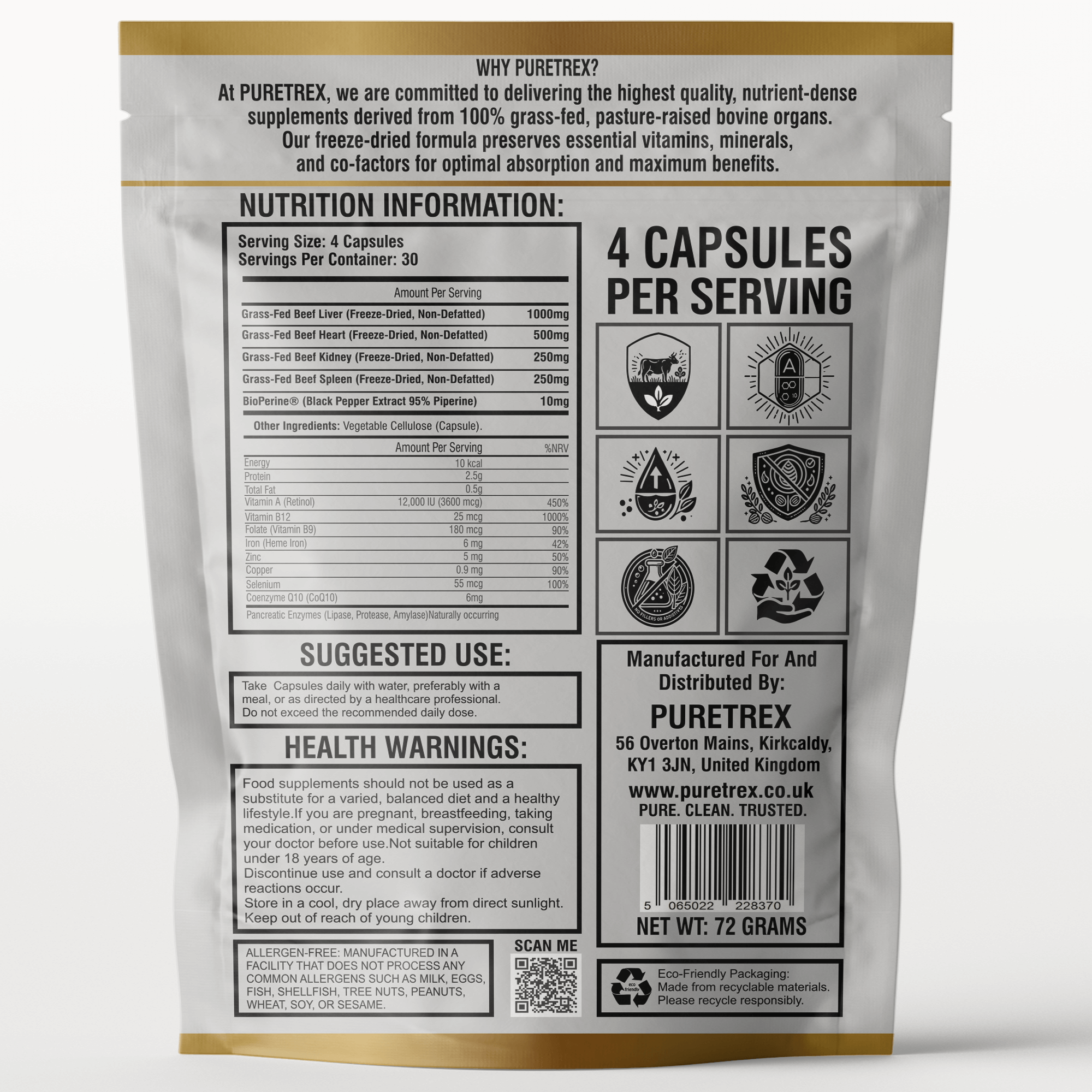 Grass-Fed Beef Organs Complex 2000mg | Liver Heart | UK – PURETREX