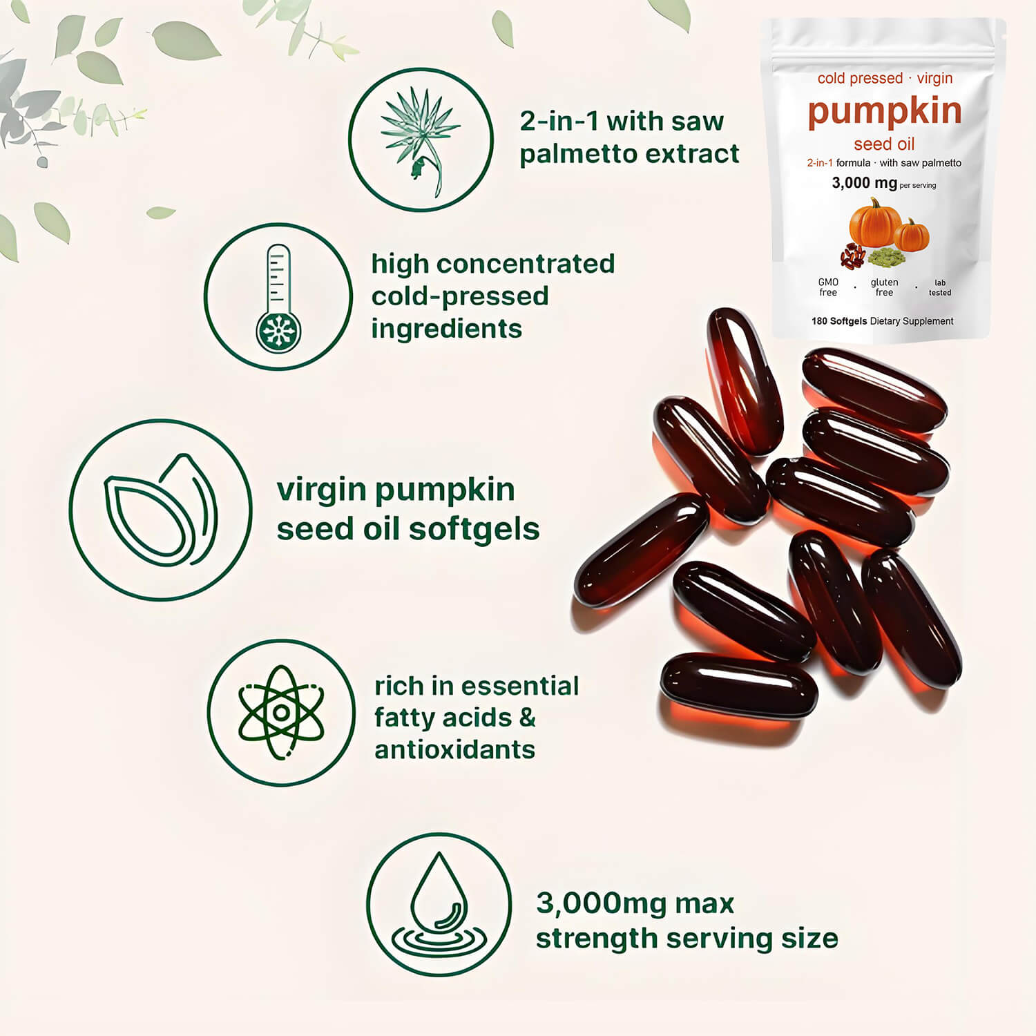 Cold Pressed Pumpkin Seed Oil & Saw Palmetto Softgels UK MADE NON-GMO ...